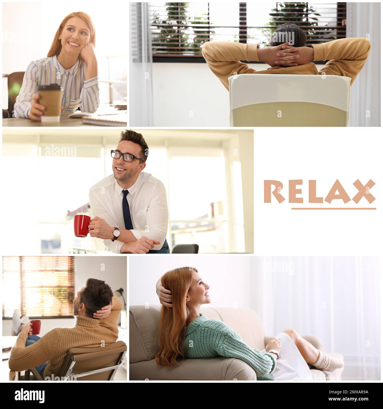 Collage of different people resting indoors and word Relax Stock Photo ...