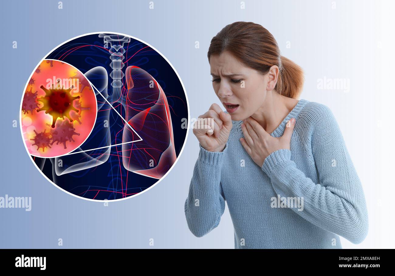 Woman coughing on light background. Human lungs affected with disease ...