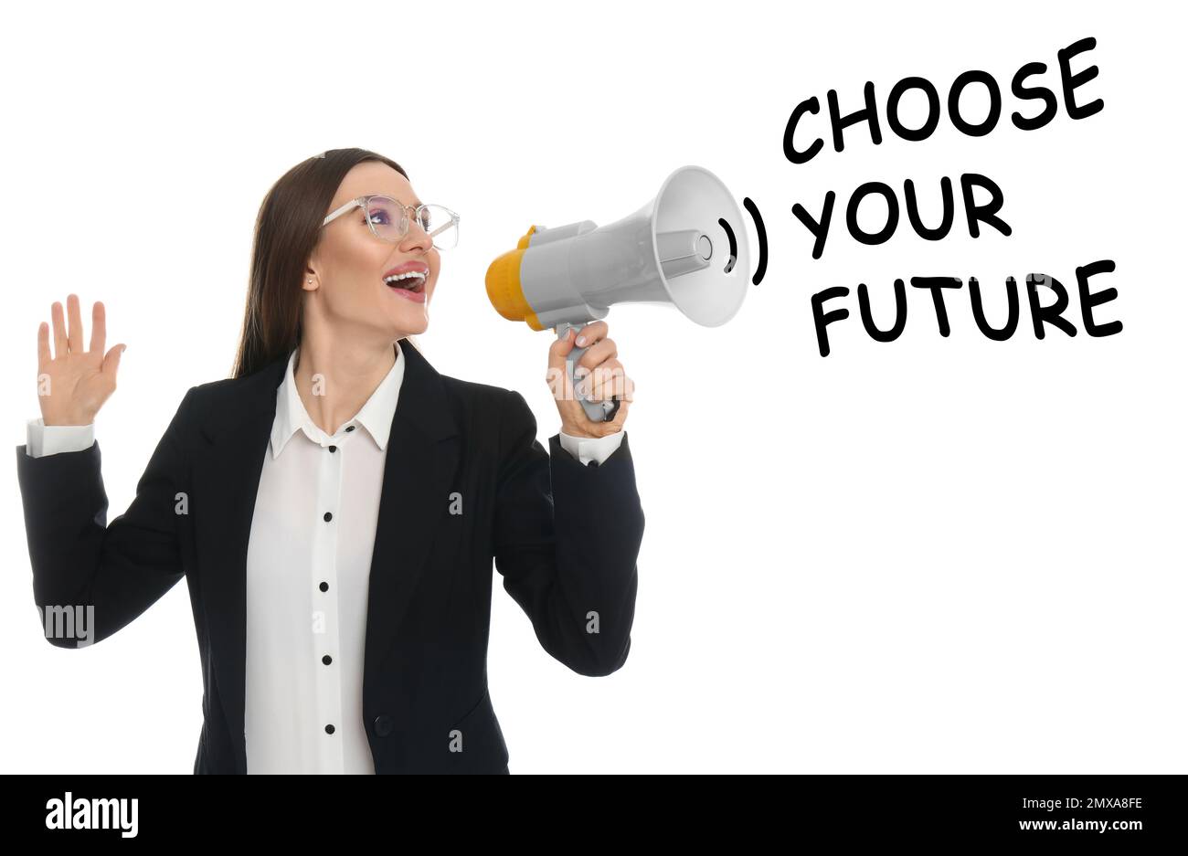 Young woman with megaphone and phrase CHOOSE YOUR FUTURE on white ...