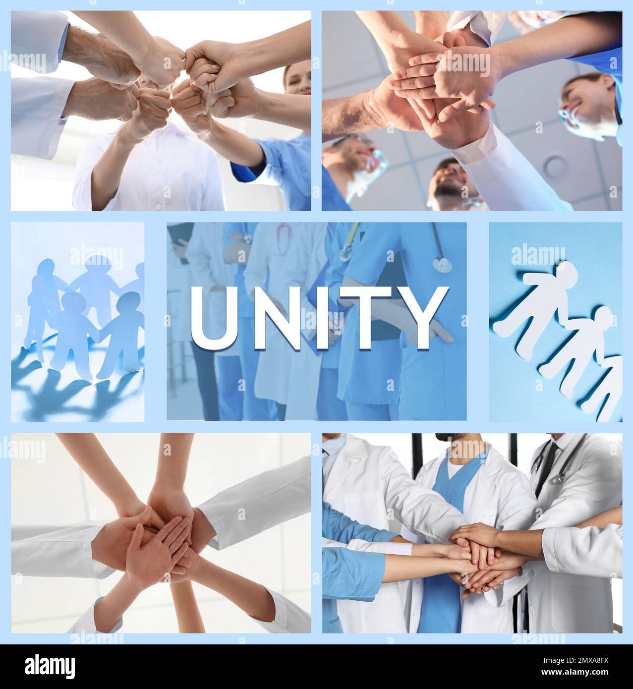 Unity concept. Collage with team of medical workers and paper people ...
