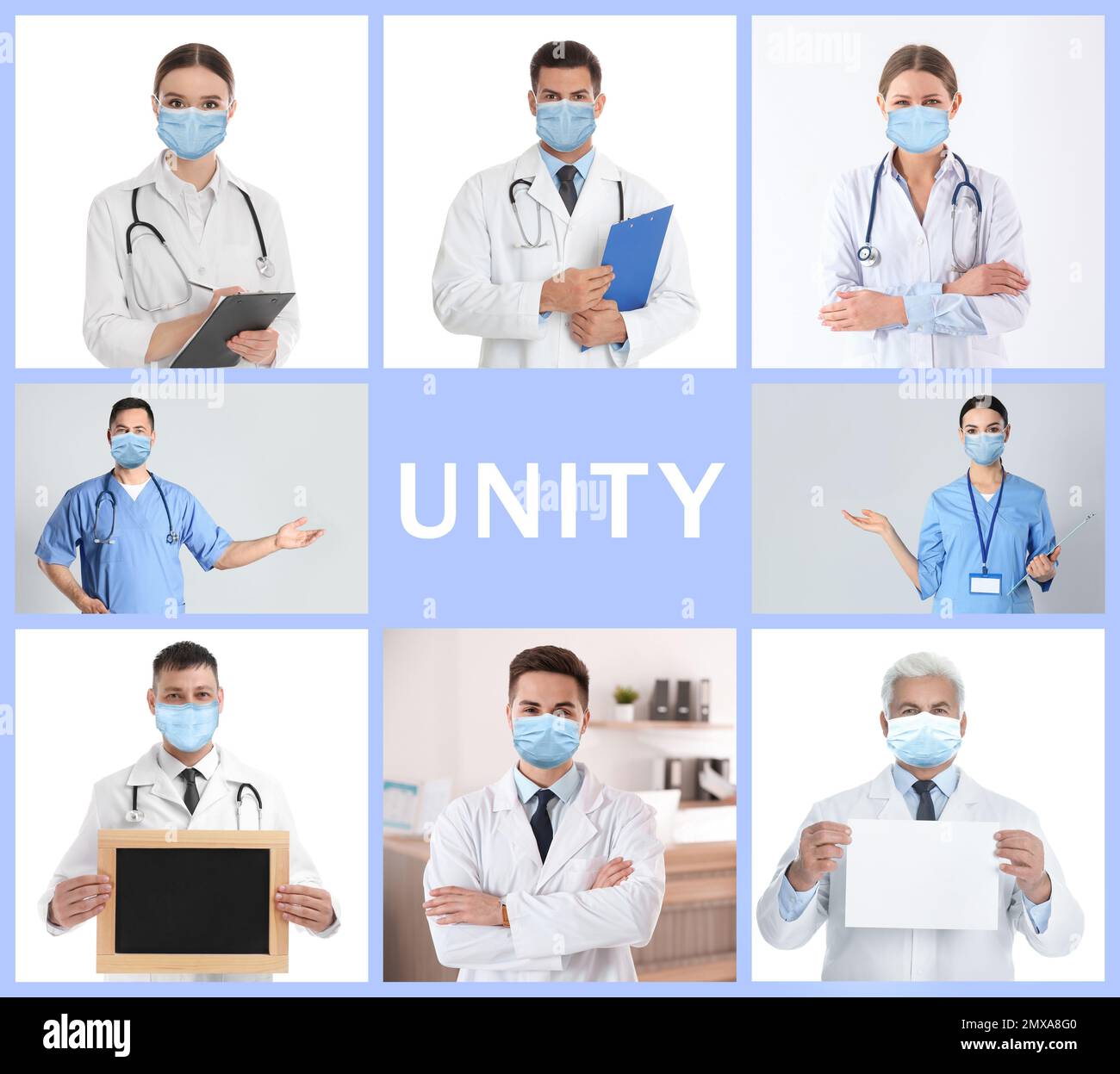 Unity concept. Collage with team of doctors wearing medical masks Stock ...