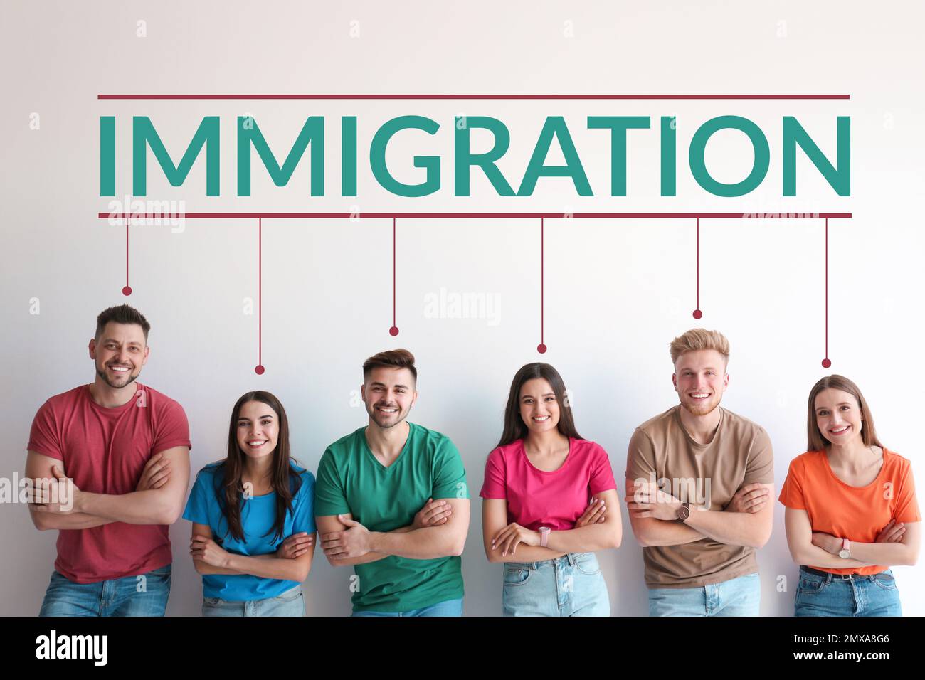 Immigration concept. Group of young people standing near light wall ...