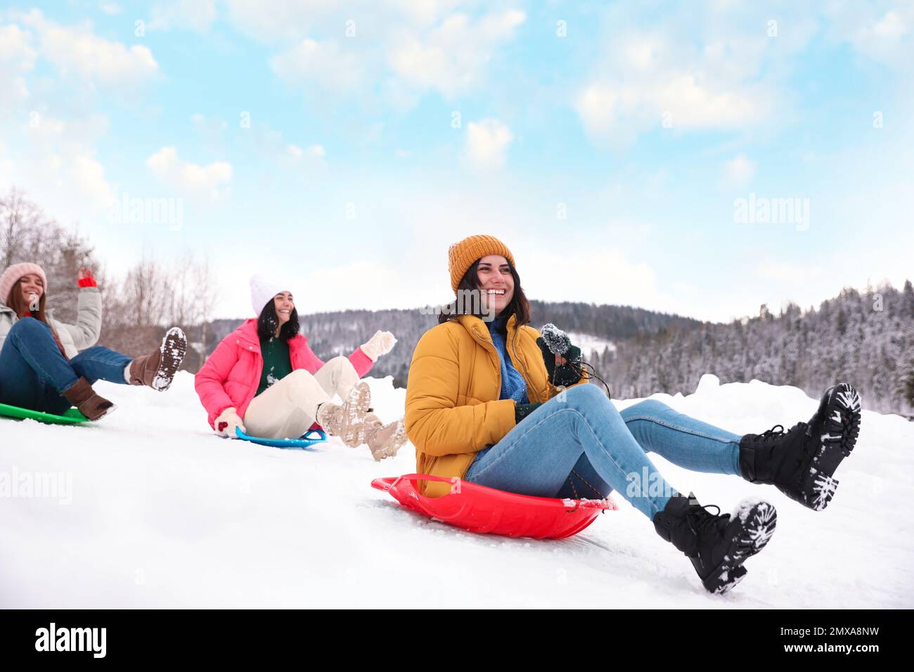 Group of friends having fun and sledding on snow. Winter vacation Stock ...