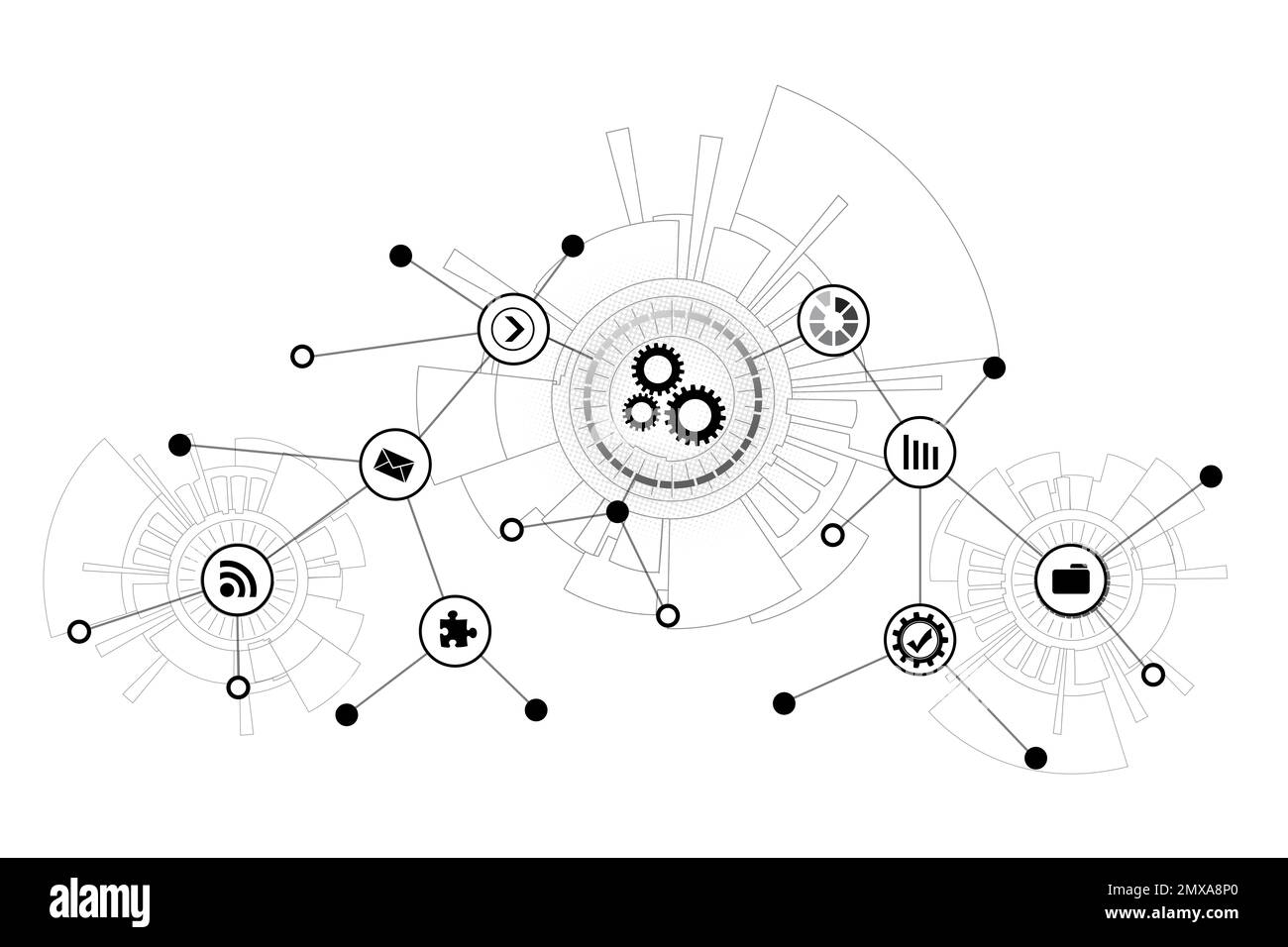 Set of linked icons and gear mechanism on white background Stock Photo ...