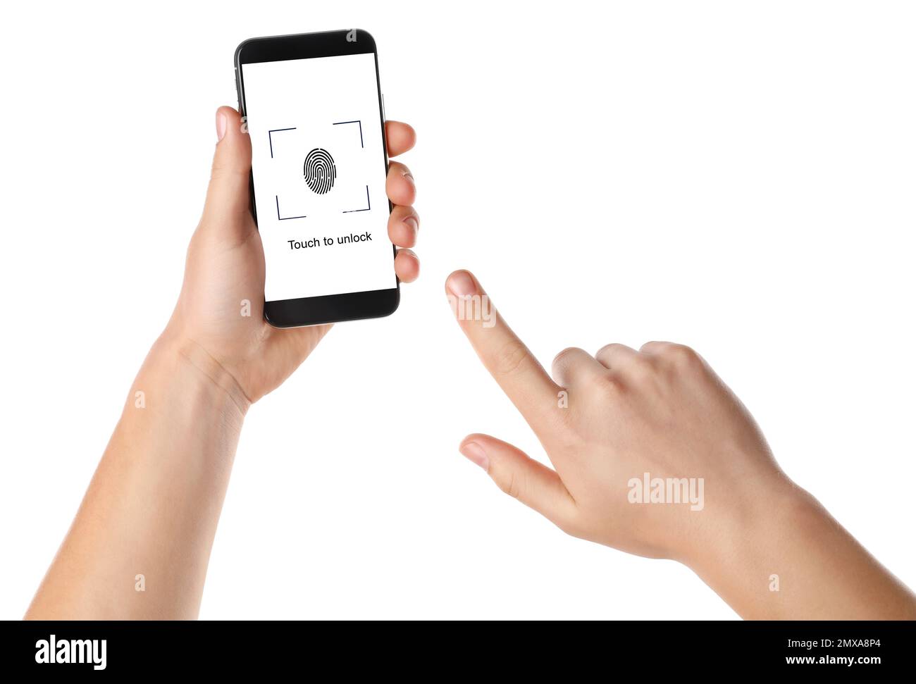 Man holding smartphone with fingerprint sensor on white background, top ...