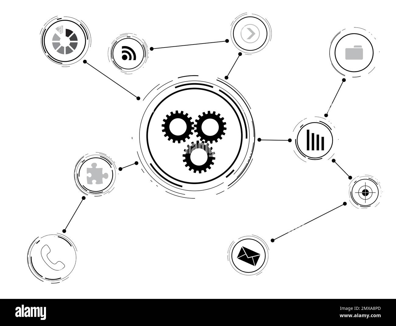 Set of linked icons and gear mechanism on white background Stock Photo ...