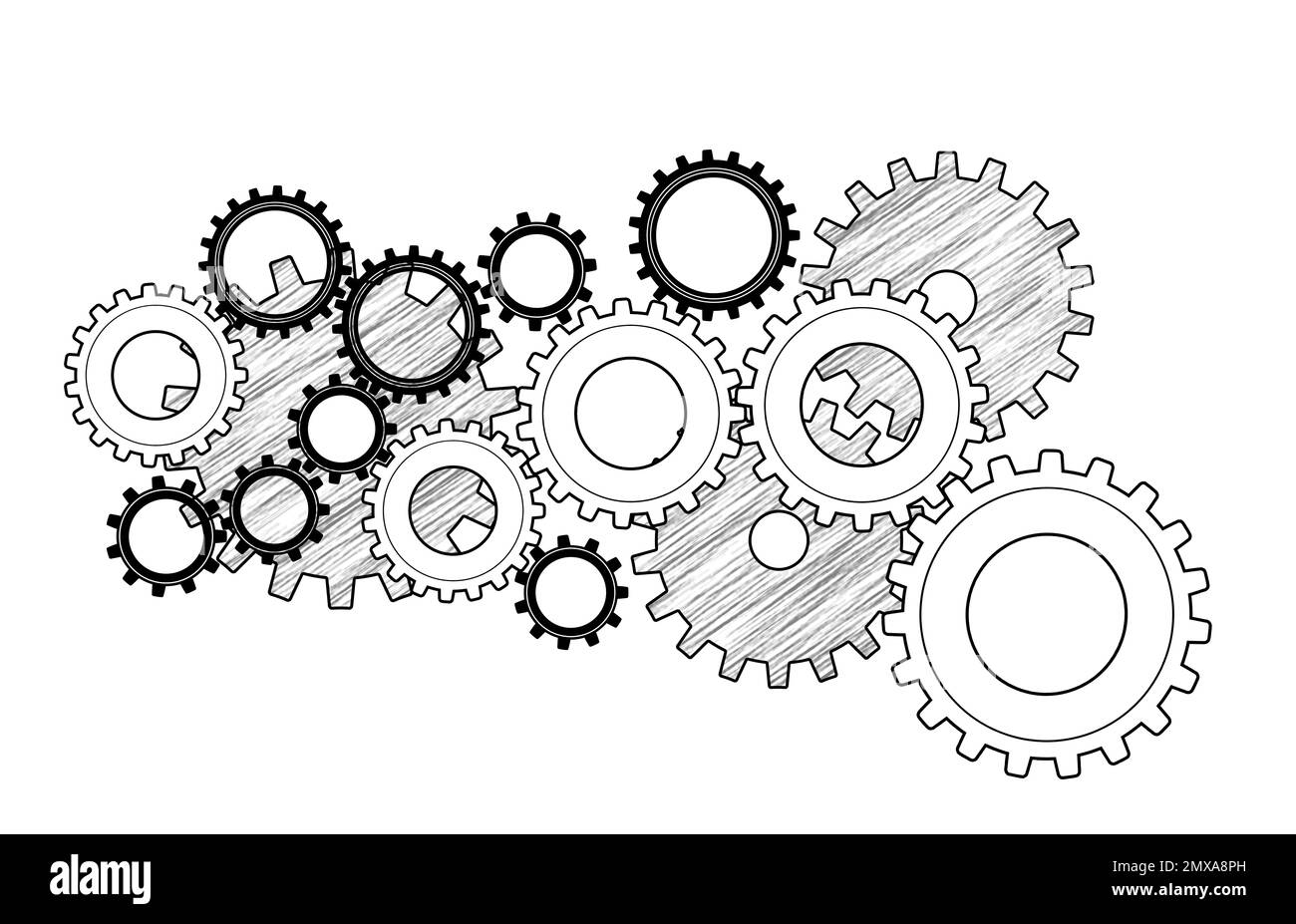 Illustration of gear mechanism on white background Stock Photo - Alamy
