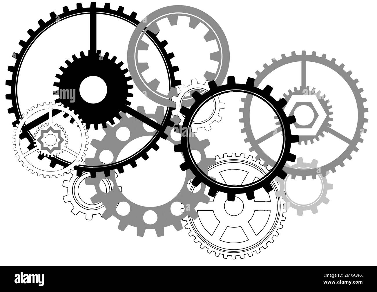 Illustration of gear mechanism on white background Stock Photo - Alamy