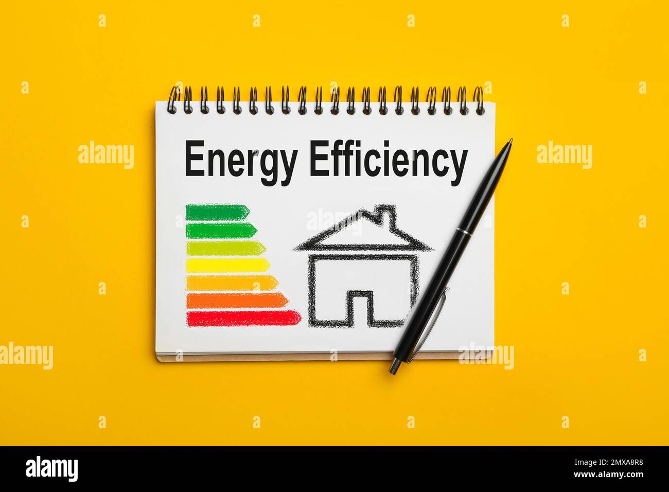 Energy efficiency concept. Notebook with drawn house and chart on ...