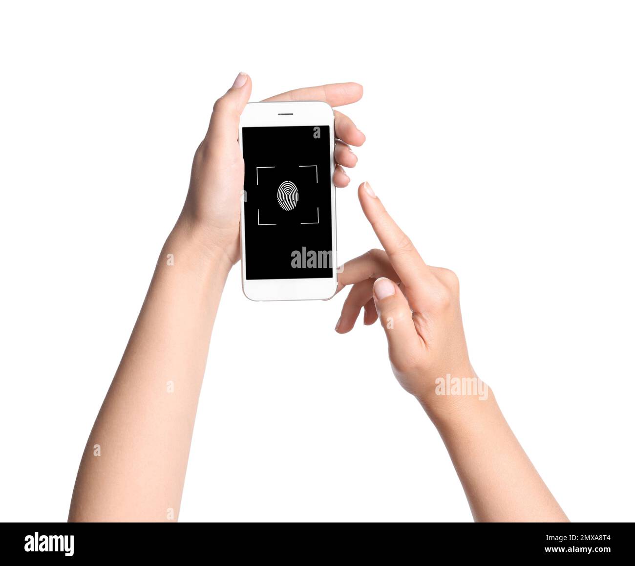 Woman holding smartphone with fingerprint sensor on white background ...