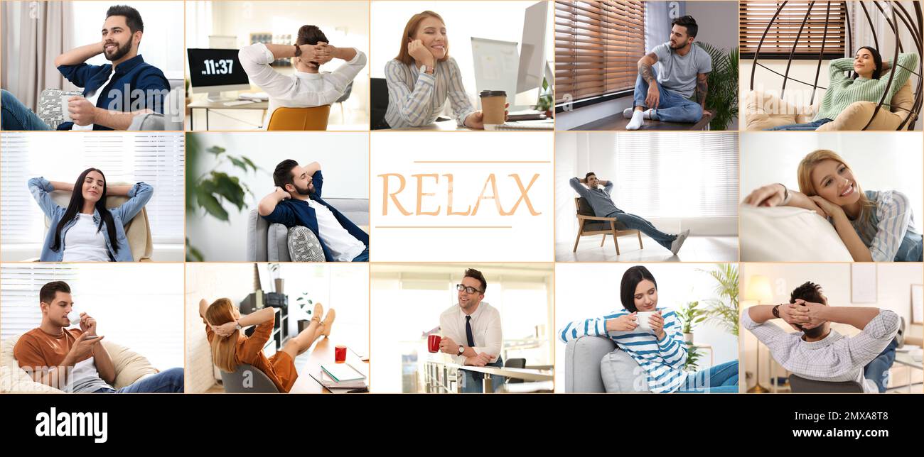 Collage of different people resting indoors and word Relax. Banner ...