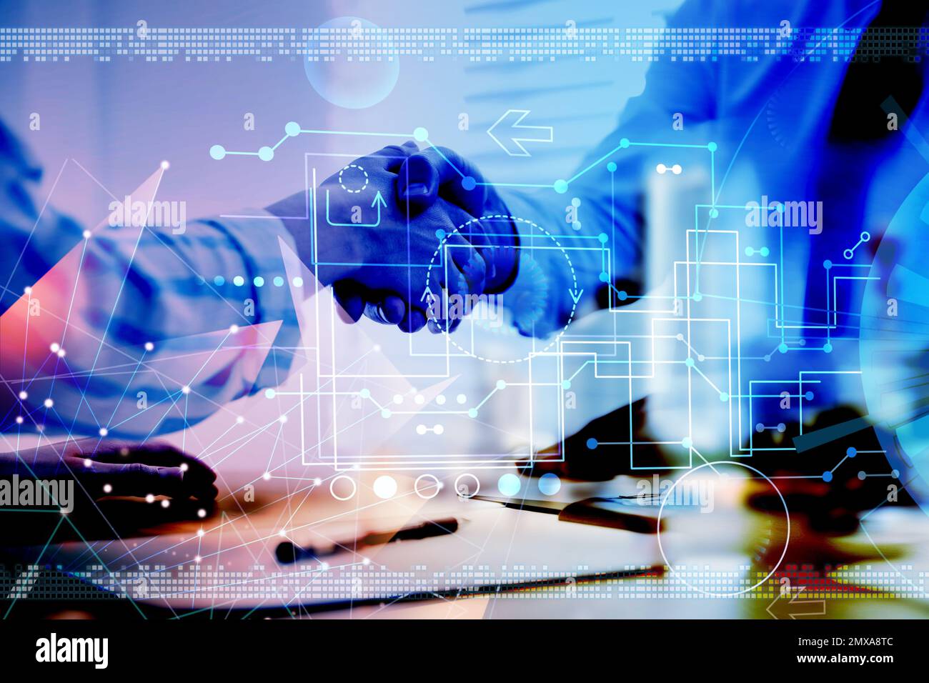 Forex trading. Schemes against people shaking hands and city on ...