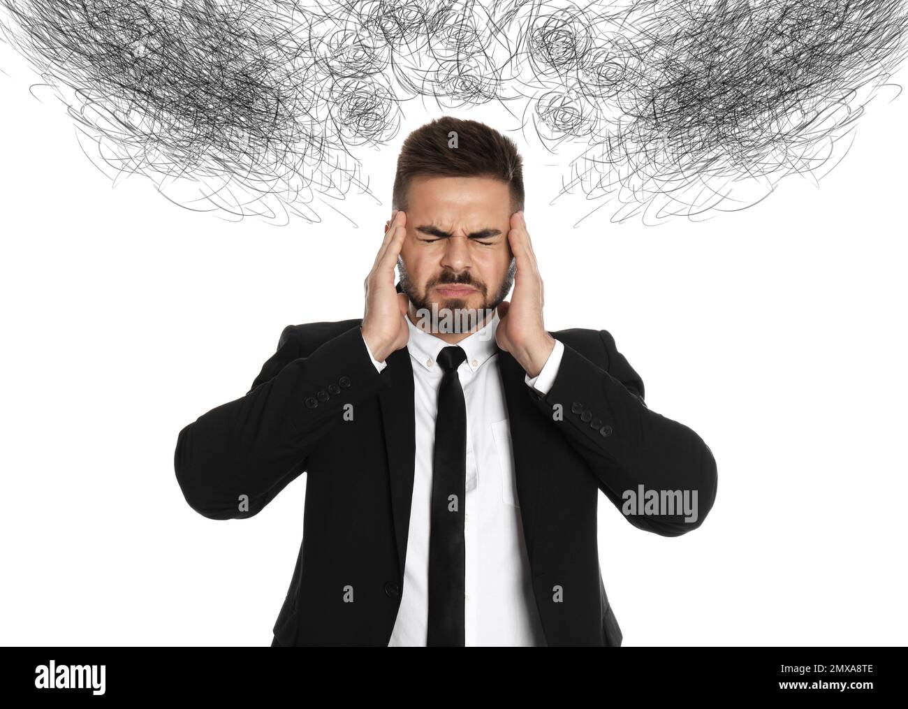 Stressed businessman with mess in his head on white background Stock ...