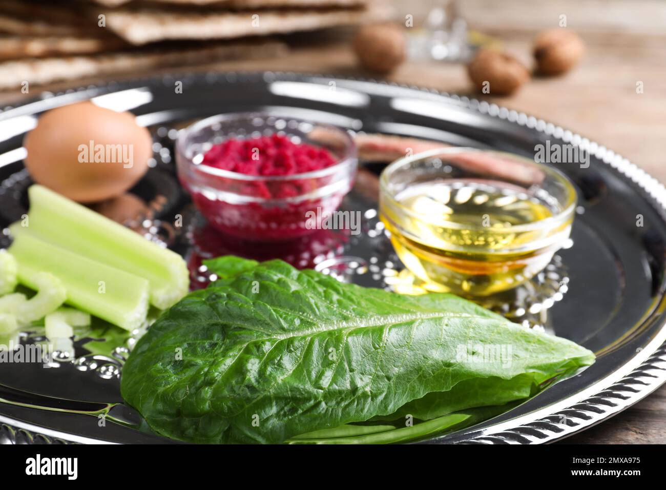 Closeup view of Passover Seder plate (keara) with traditional meal ...