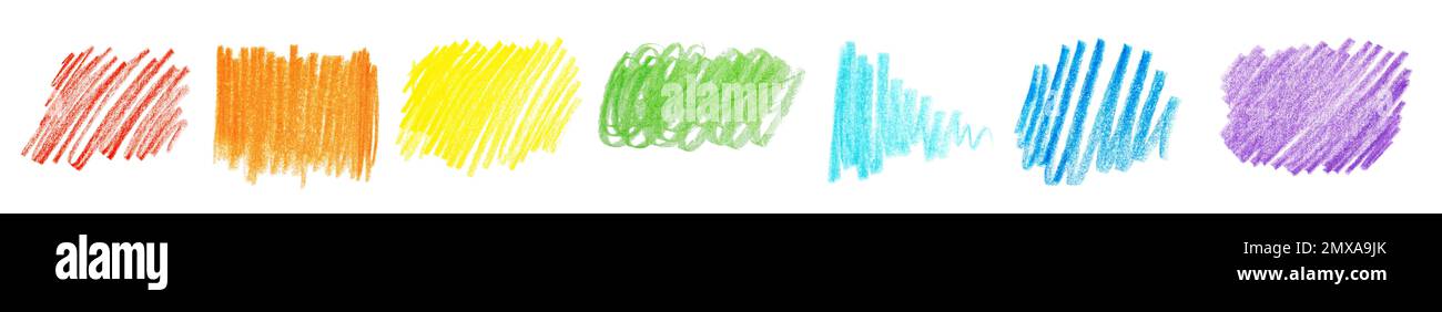 Collage of color drawn pencil scribbles on white background. Banner ...