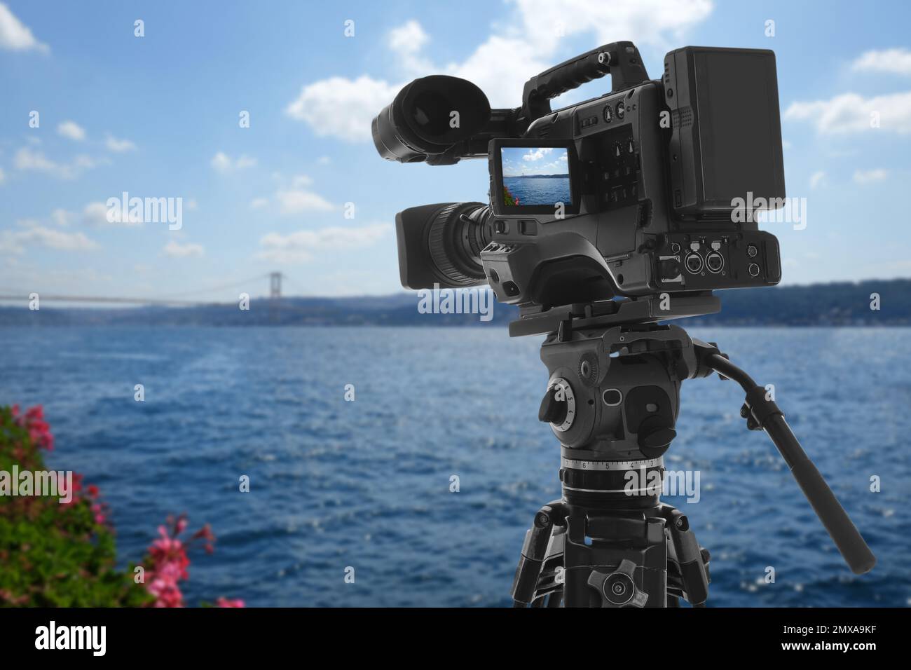 Recording beautiful view of seascape on professional video camera Stock ...
