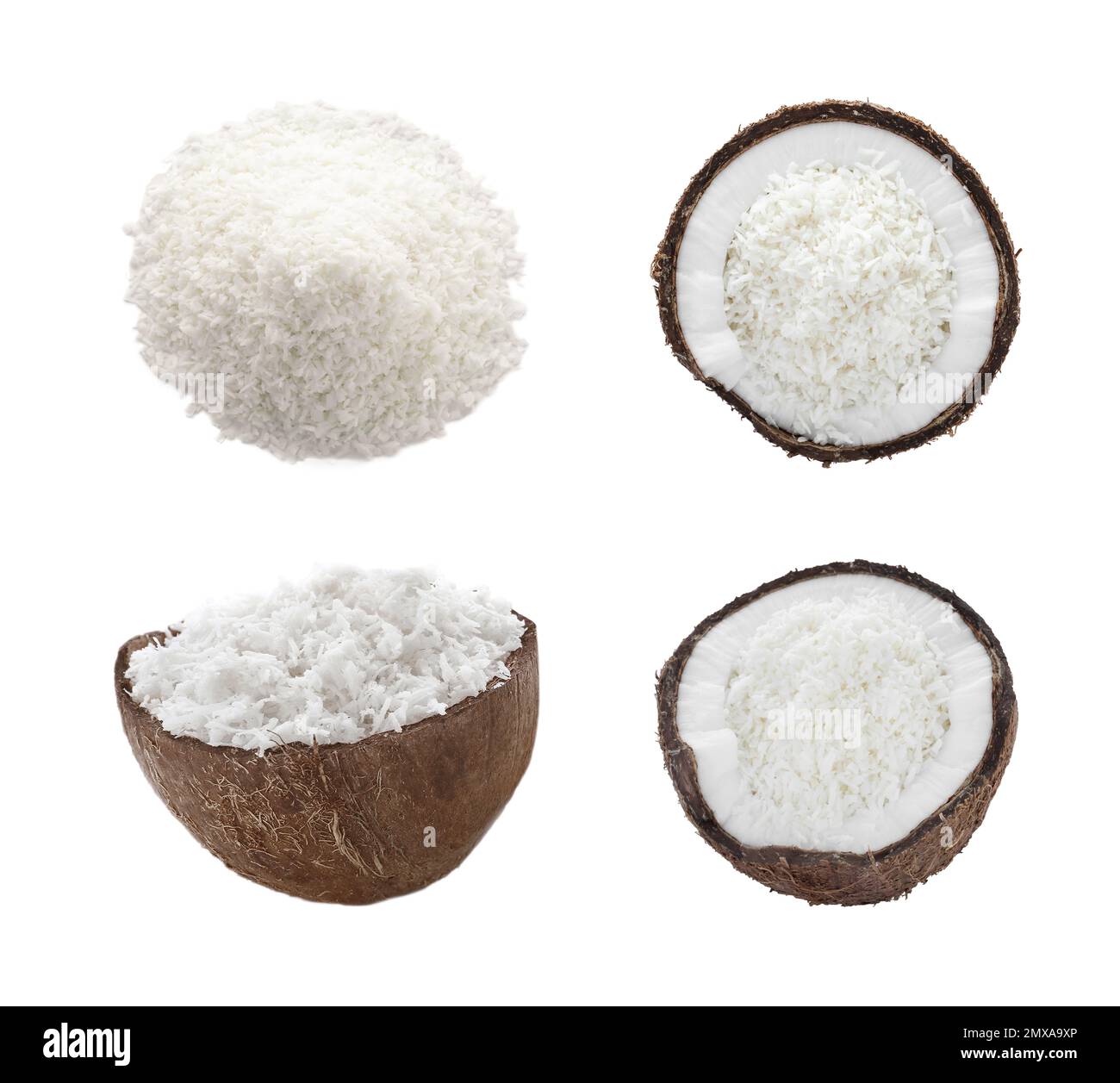 Set with fresh coconut flakes isolated on white Stock Photo - Alamy