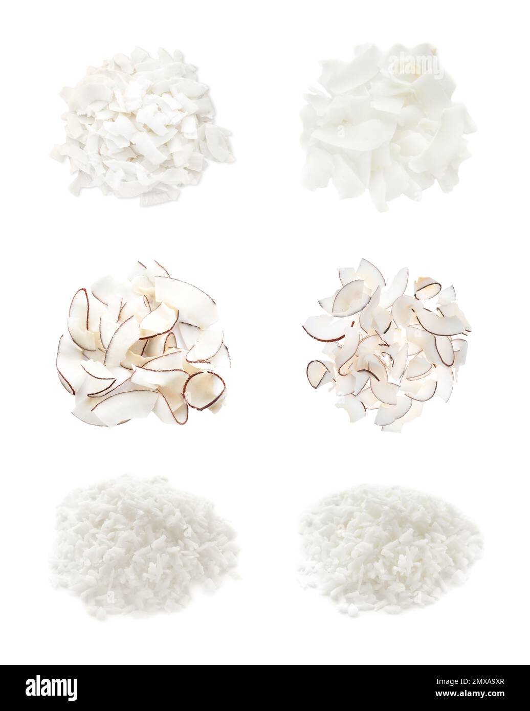 Set with fresh coconut flakes isolated on white Stock Photo - Alamy