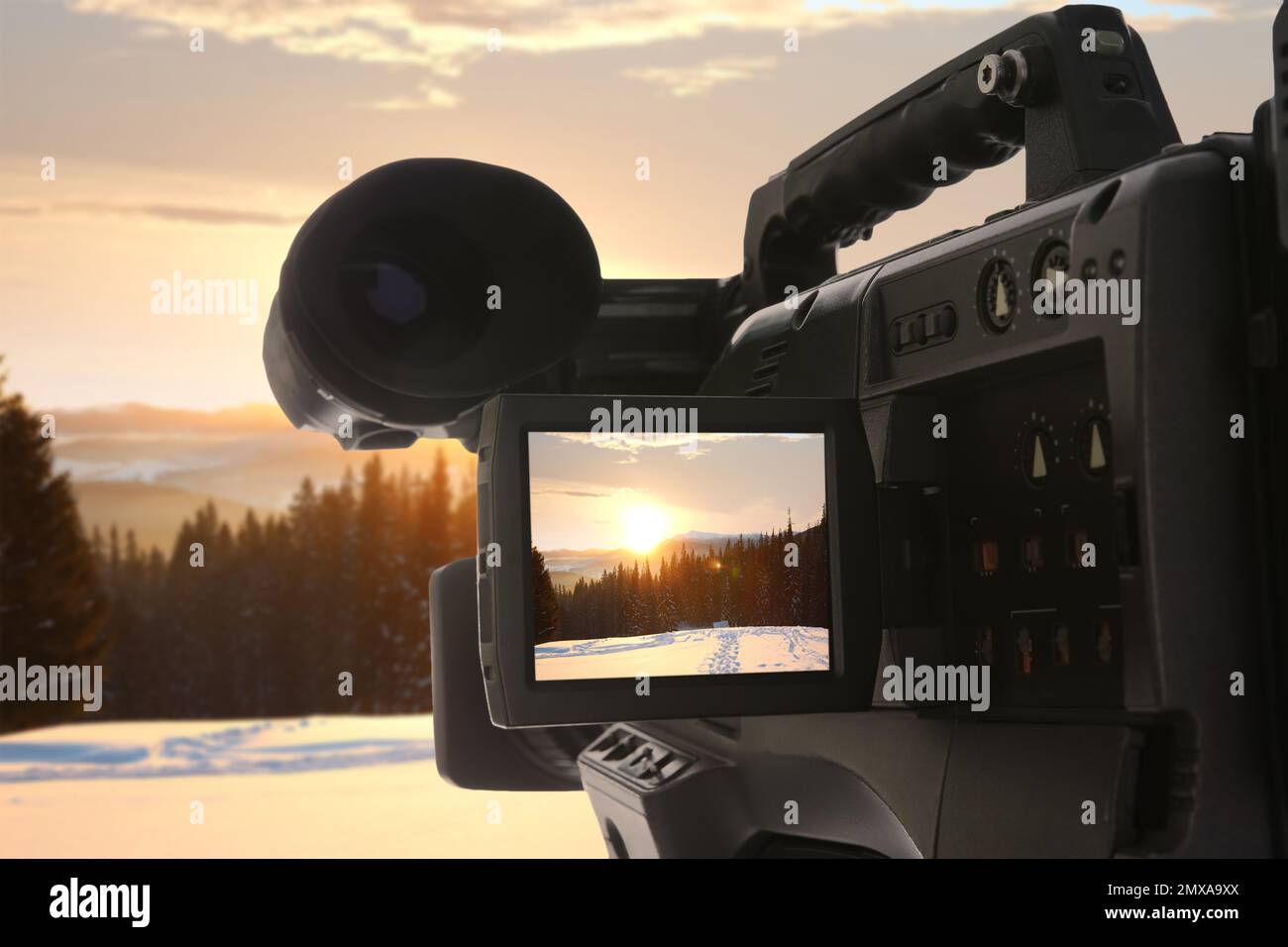 Recording beautiful view of snowy forest on professional video camera ...