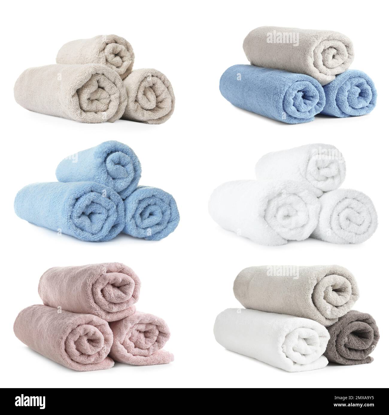 Set of rolled soft terry towels on white background Stock Photo - Alamy