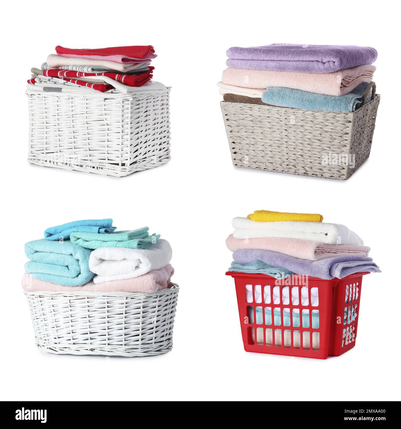 Set of different baskets with towels on white background Stock Photo ...