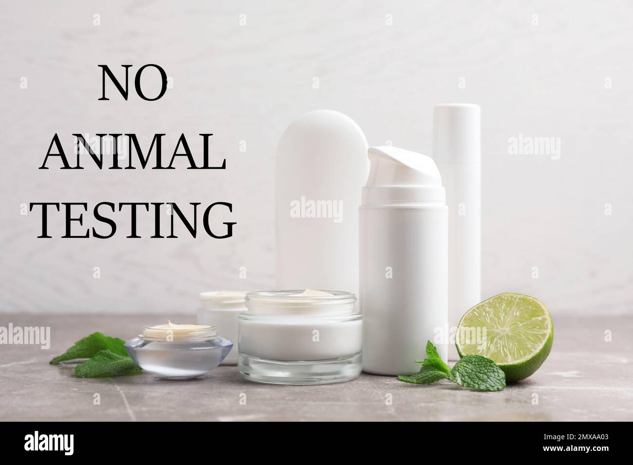 Cosmetic products and text NO ANIMAL TESTING on light background Stock ...