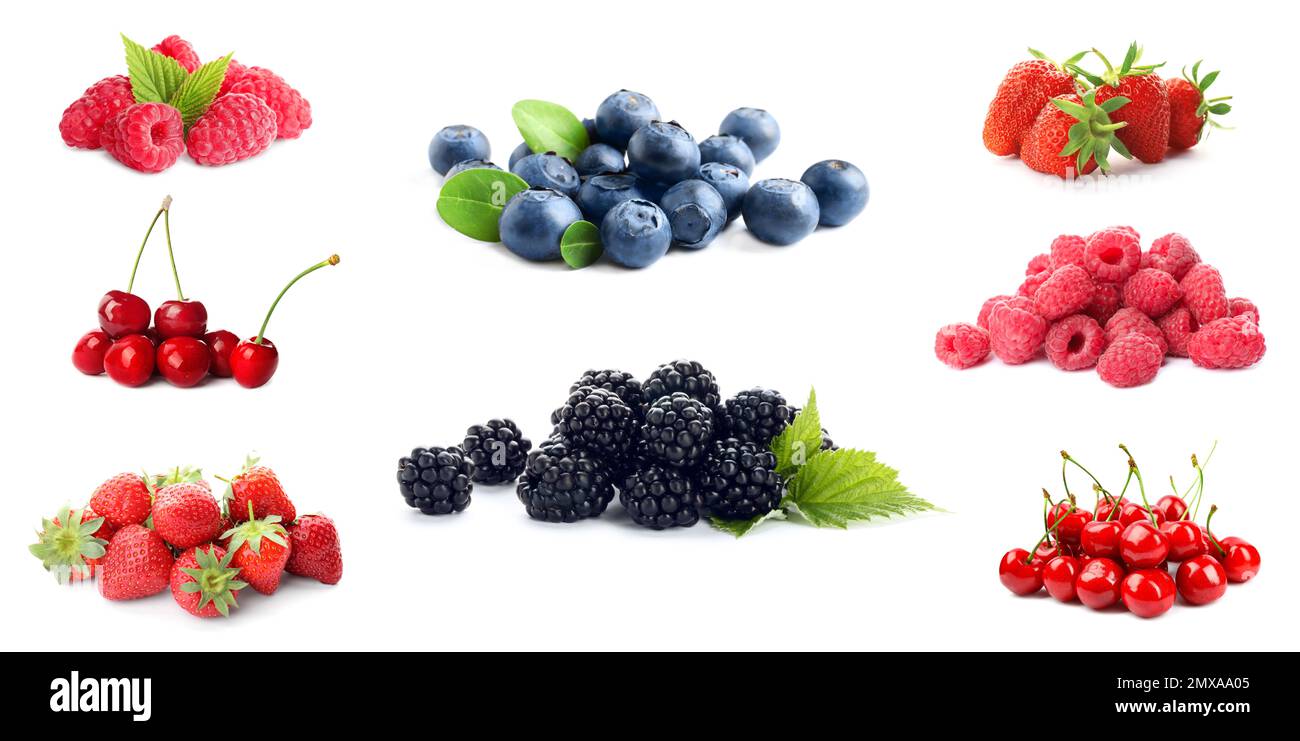 Set of different ripe berries on white background. Banner design Stock ...