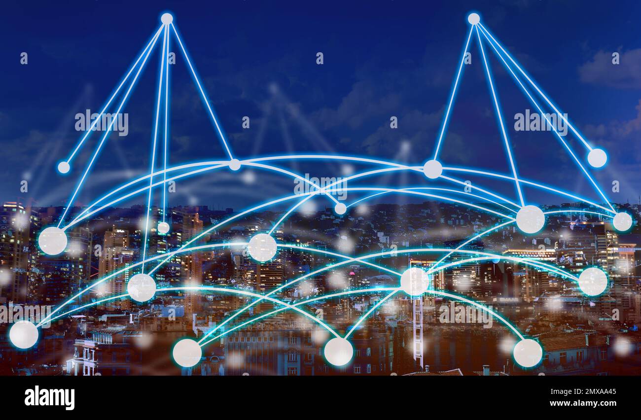 Beautiful cityscape and network connection lines Stock Photo - Alamy