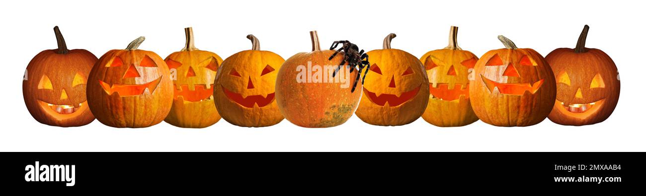 Set of halloween pumpkin head jack lanterns on white background. Banner ...