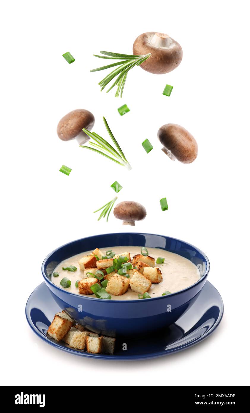 Many different ingredients falling into bowl with homemade mushroom ...