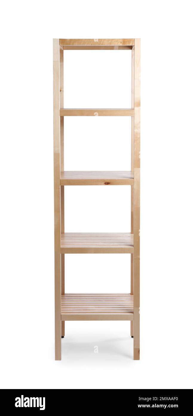 Empty wooden shelving unit isolated on white Stock Photo - Alamy