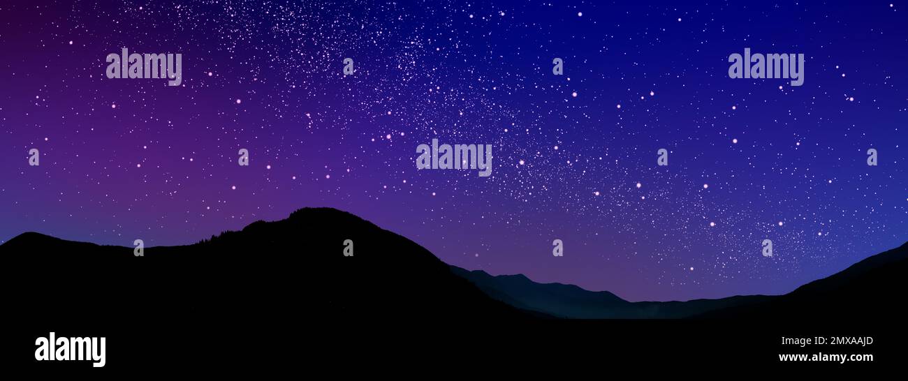 Mountain landscape and beautiful starry sky at night. Banner design ...