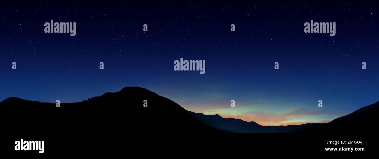 Mountain landscape and beautiful starry sky at night. Banner design ...