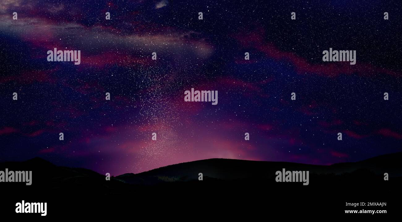 Mountain landscape and beautiful starry sky at night. Banner design ...