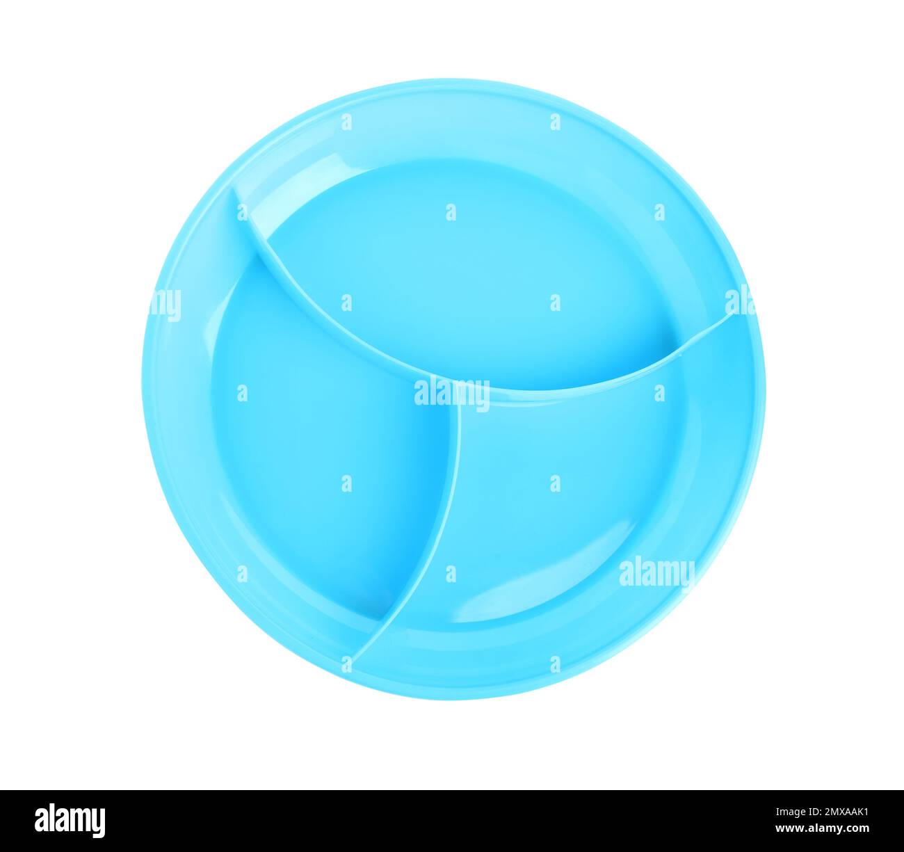 Blue plastic section plate isolated on white, top view. Serving baby ...