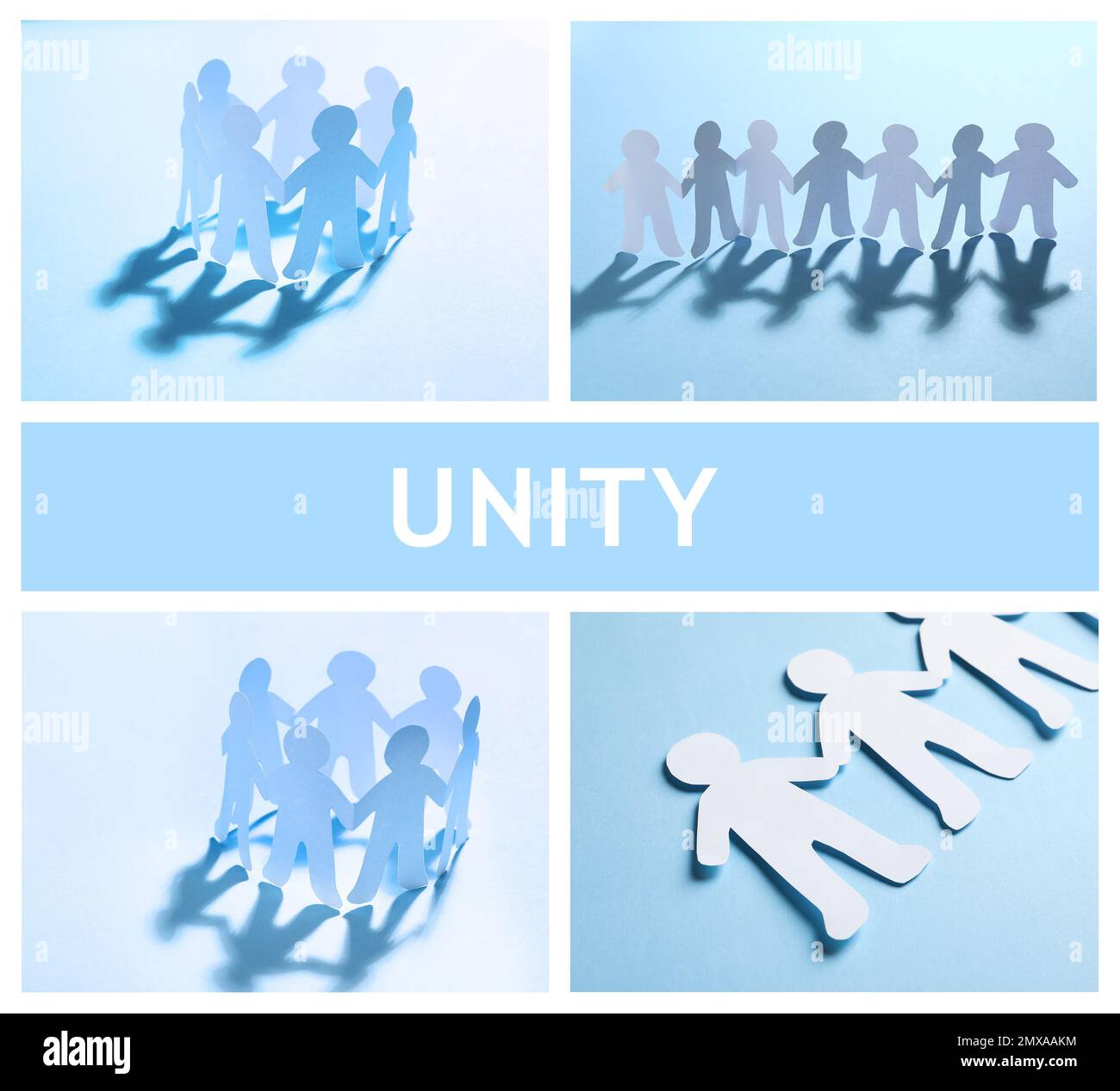 Unity concept. Paper people chains on light blue background Stock Photo ...