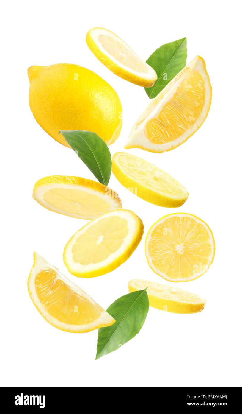 Set of falling delicious lemons on white background Stock Photo - Alamy