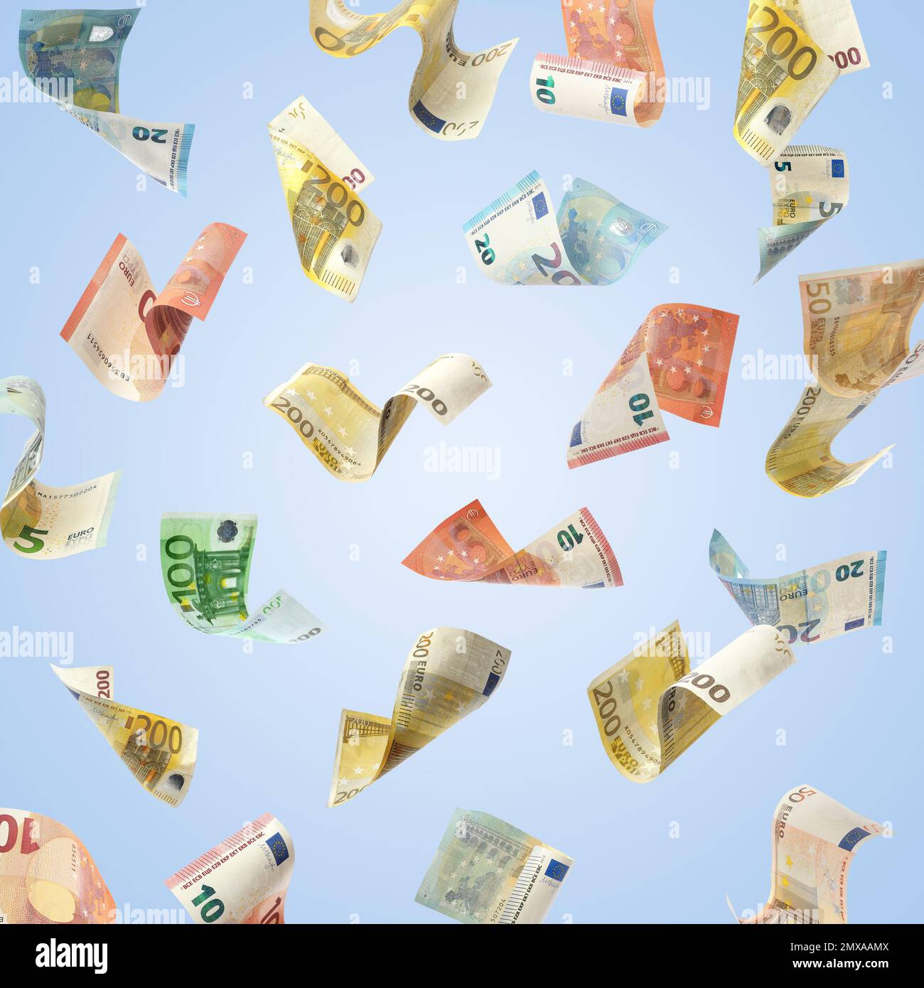 Set of falling money on blue background. Currency exchange Stock Photo ...