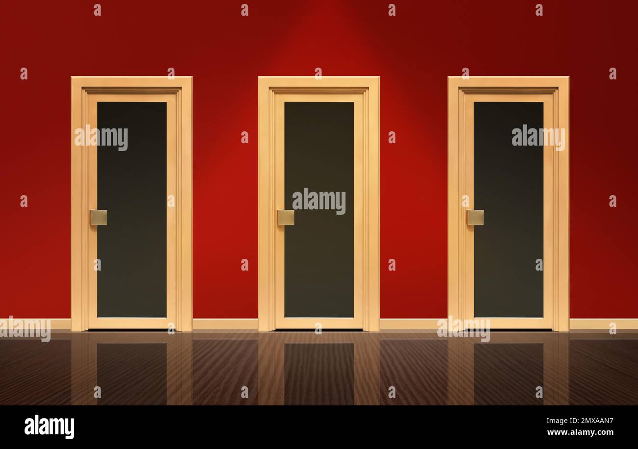 Three similar closed doors in room. Concept of choice Stock Photo - Alamy