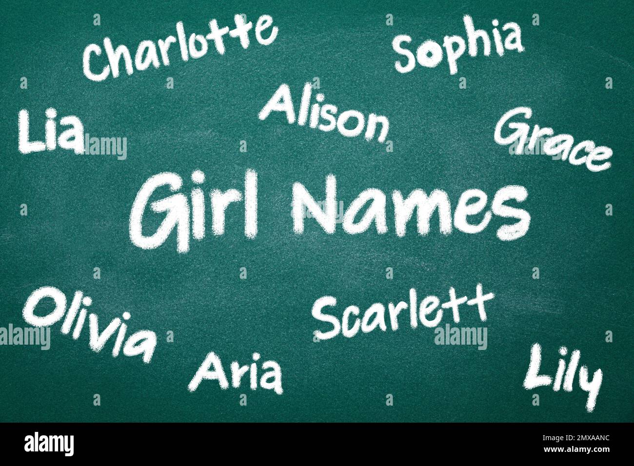 Different baby names written on green chalkboard Stock Photo - Alamy