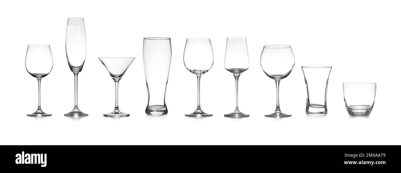 Set of different empty glasses on white background. Banner design Stock ...
