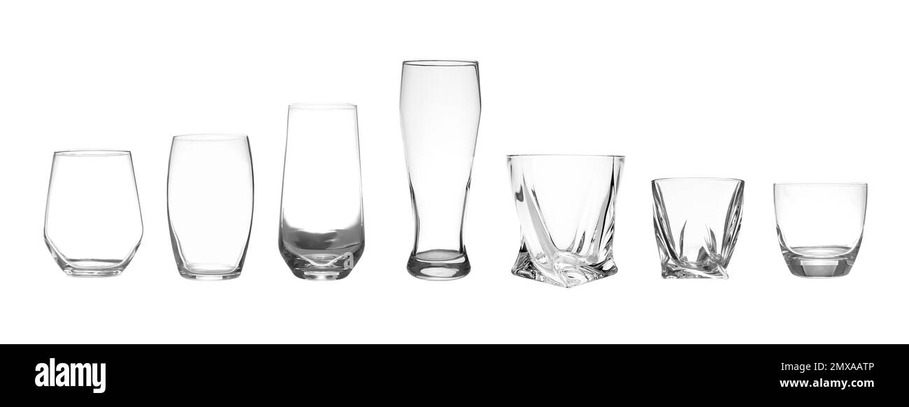 Set of different empty glasses on white background. Banner design Stock ...