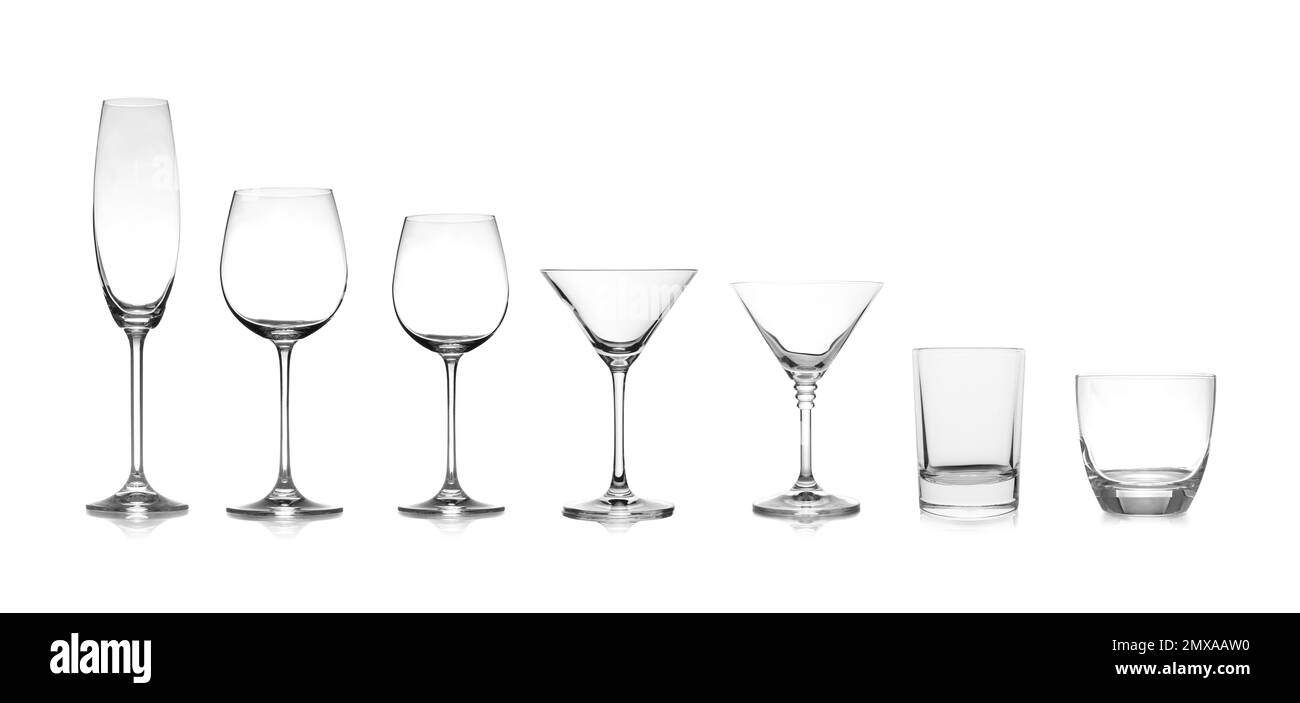 Set of different empty glasses on white background. Banner design Stock ...