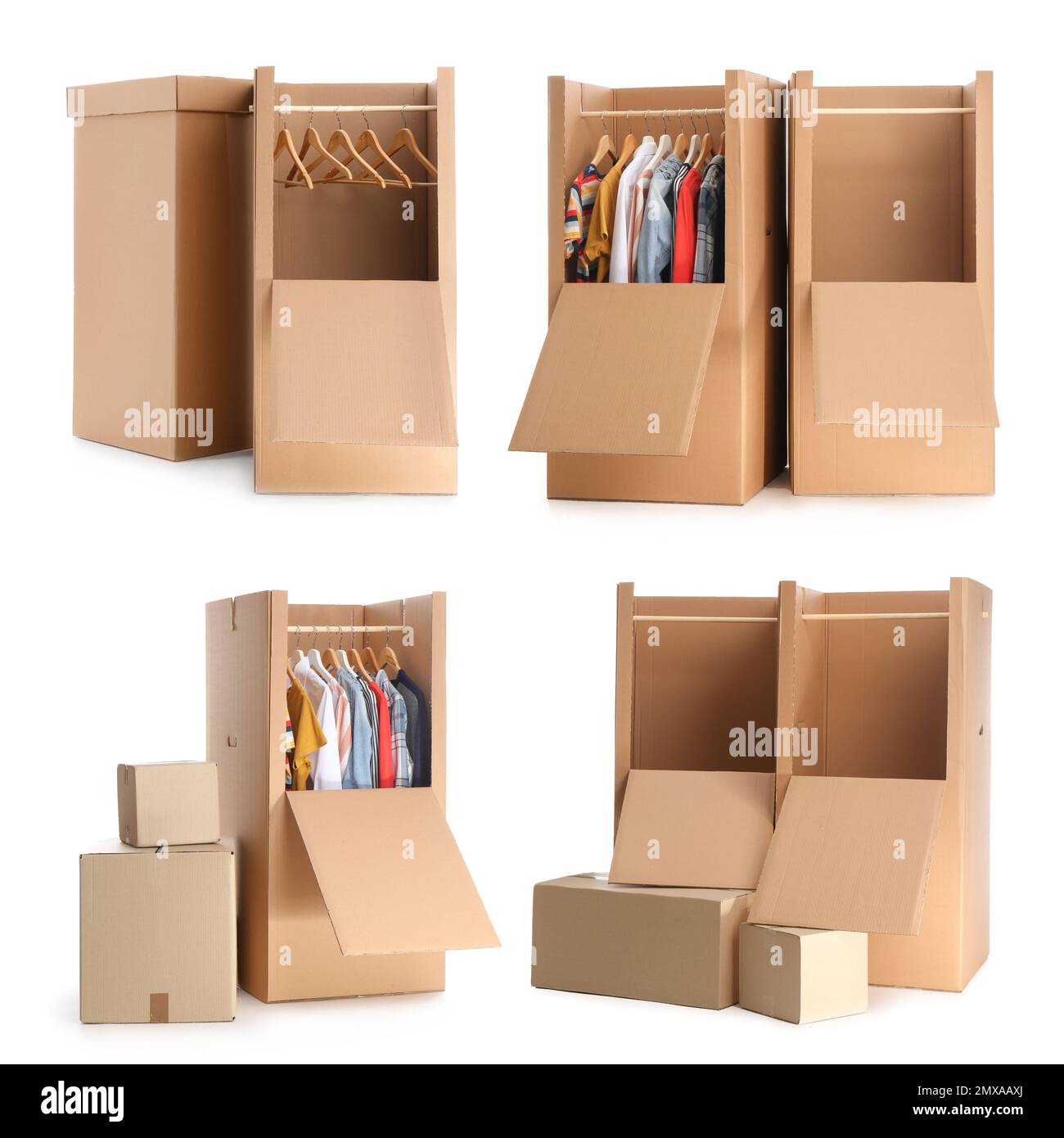 Set of cardboard wardrobe boxes on white background Stock Photo - Alamy