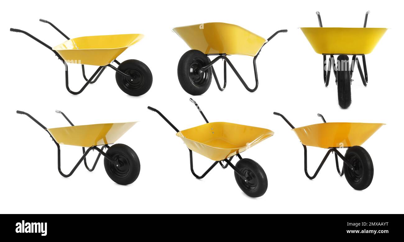 Set of new yellow wheelbarrows on white background. Gardening tool ...