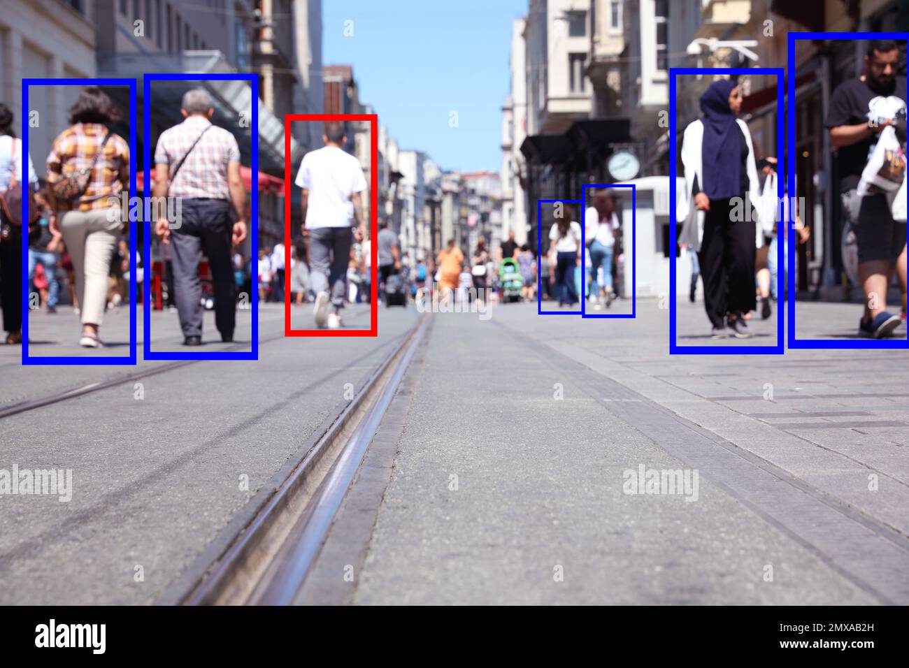 Beautiful city street with scanner frames on people outdoors, low angle ...