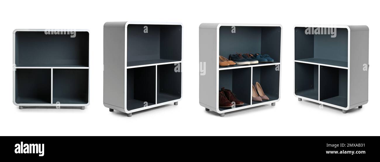Collage of shelving units on white background. Banner design Stock ...