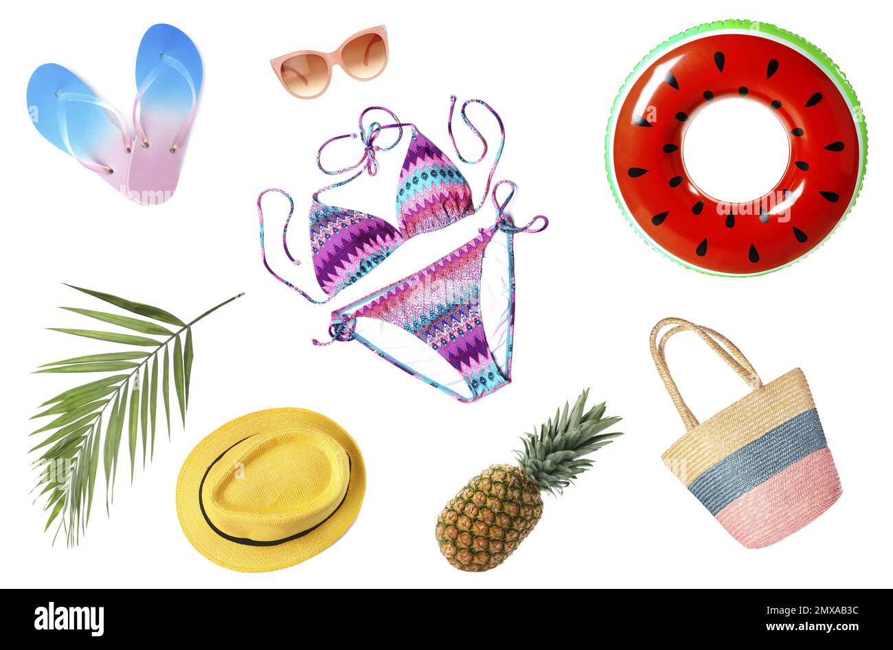 Set of different beach accessories on white background, top view Stock ...