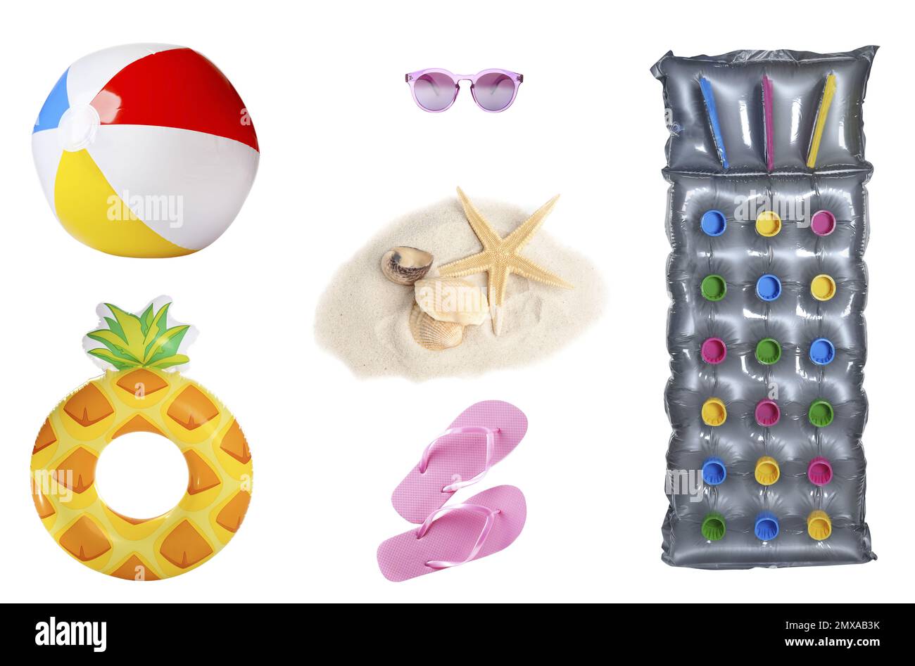 Set of different beach accessories on white background, top view Stock ...