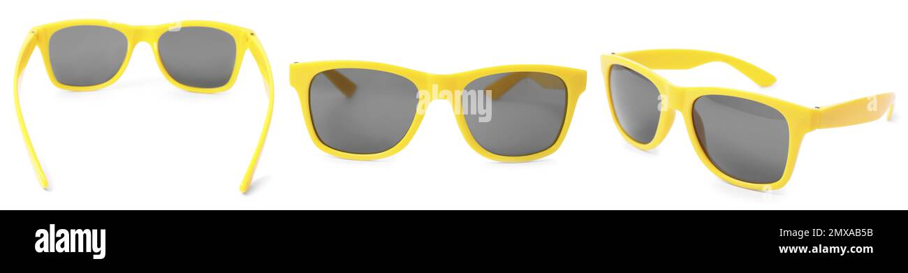 Set with beautiful sunglasses on white background. Banner design Stock ...